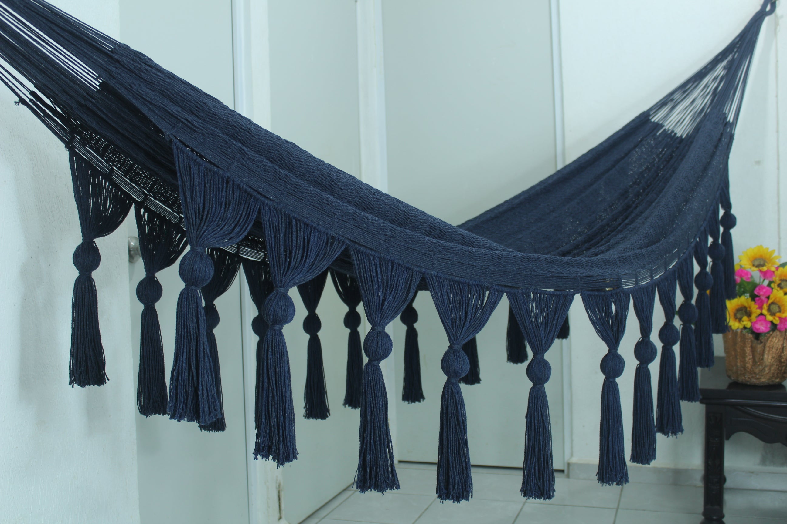 Hamaca De Algodón Artesanal Con Esferas Color Azul Marino – hamacas vinalay