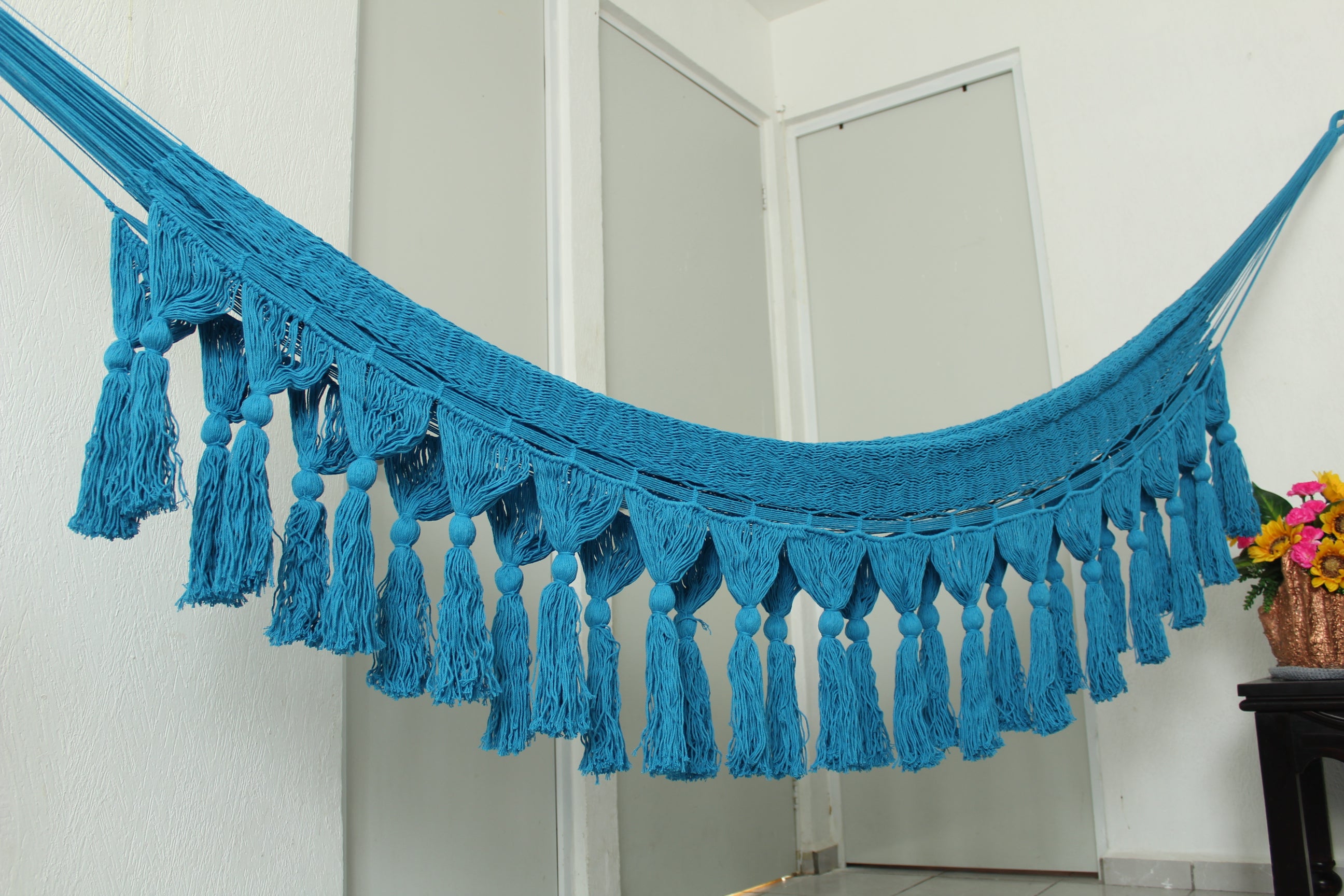 Hamaca De Algodón Artesanal Con Esferas Color Azul – hamacas vinalay